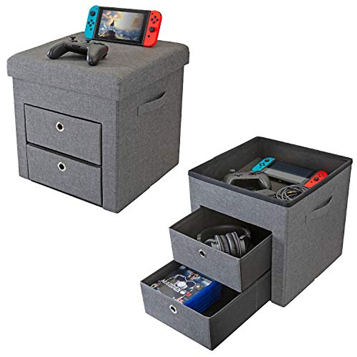Simplify 2 Drawer Collapsible Storage Ottoman | Perfect for Gaming| Toys| Magazines| Linens| Blankets & More | Grey