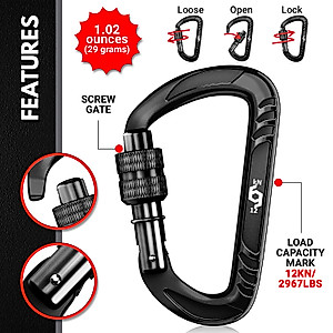 RHINO Produxs 2PCS of 12kN (2697 lbs) Heavy Duty Lightweight Locking Carabiner Clips - Excellent for Securing Pets, Outdoor, Camping, Hiking, Hammock, Dog Leash Harness, Keychains, Water Bottle