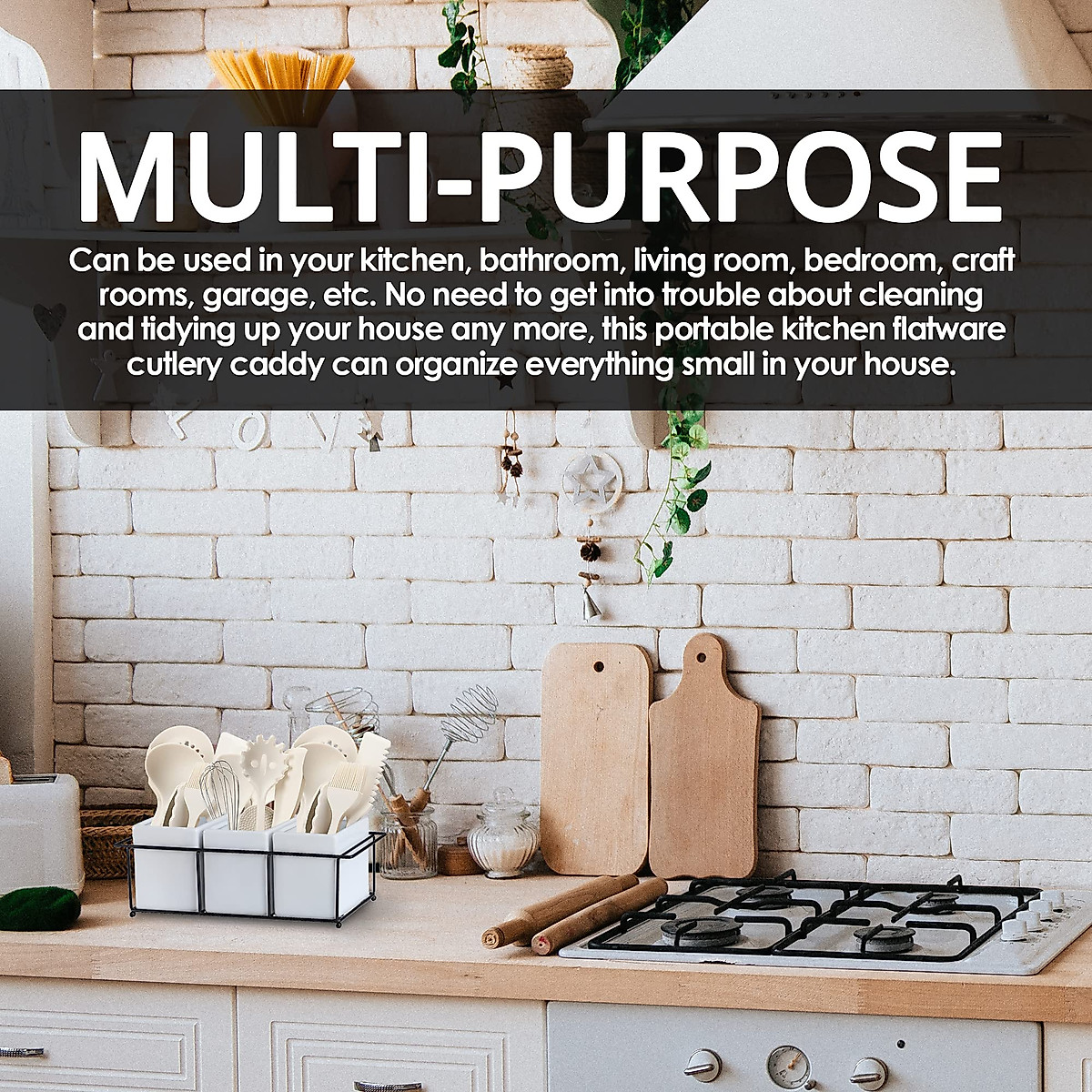 3 Piece Ceramic Flatware Holder with Metal Rack, Porcelain Silverware Caddy, Silverware Cutlery, Perfect for Home, Kitchen & all gatherings with friends, family