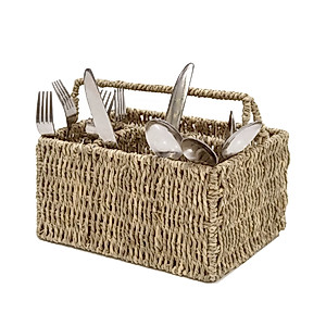 MadeTerra Wicker Utensil Caddy Carrier | Seagrass Woven Divided Cutlery Holder for Table - Kitchen Set Counter Top Organizer - Hold Silverware, Forks, Knives, Spoons, Napkins (Seagrass)