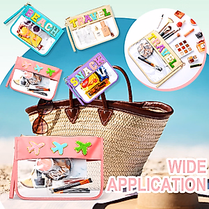 Remerry 4 Pack Chenille Letter Bag Clear Monogram Cosmetic Makeup Bag Travel Snack Beach Stuff Patch Pouch Preppy Gifts for Women Girls(Pink, Beige, Purple, Blue, Novel)