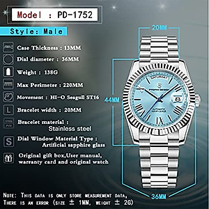 RollsTimi Pagani Design Men's Watches, 36mm Automatic Mechanical Stainless Steel 100M Waterproof Luxury Wrist Watch for Men, Double Date Display Sapphire Dial Glass (Light Blue HA-1752)