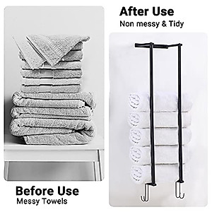 MallKing Wall Towel Rack, Bathroom Wall Mounted for Rolled Towels, Metal Towel Holder for Folded Large Towel Washcloths, Bath Towel Storage with 4 Hooks (Matte Black)