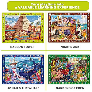 QUOKKA 60 Piece Kids Puzzles Ages 5-8 - Set of 4 Bible Jigsaw Puzzles for Kids 4-6-10 Year Old - Tower of Babel | Noah`s Ark | Eden Toys for Children 5-7 yo - Christian Gifts for Boys & Girls