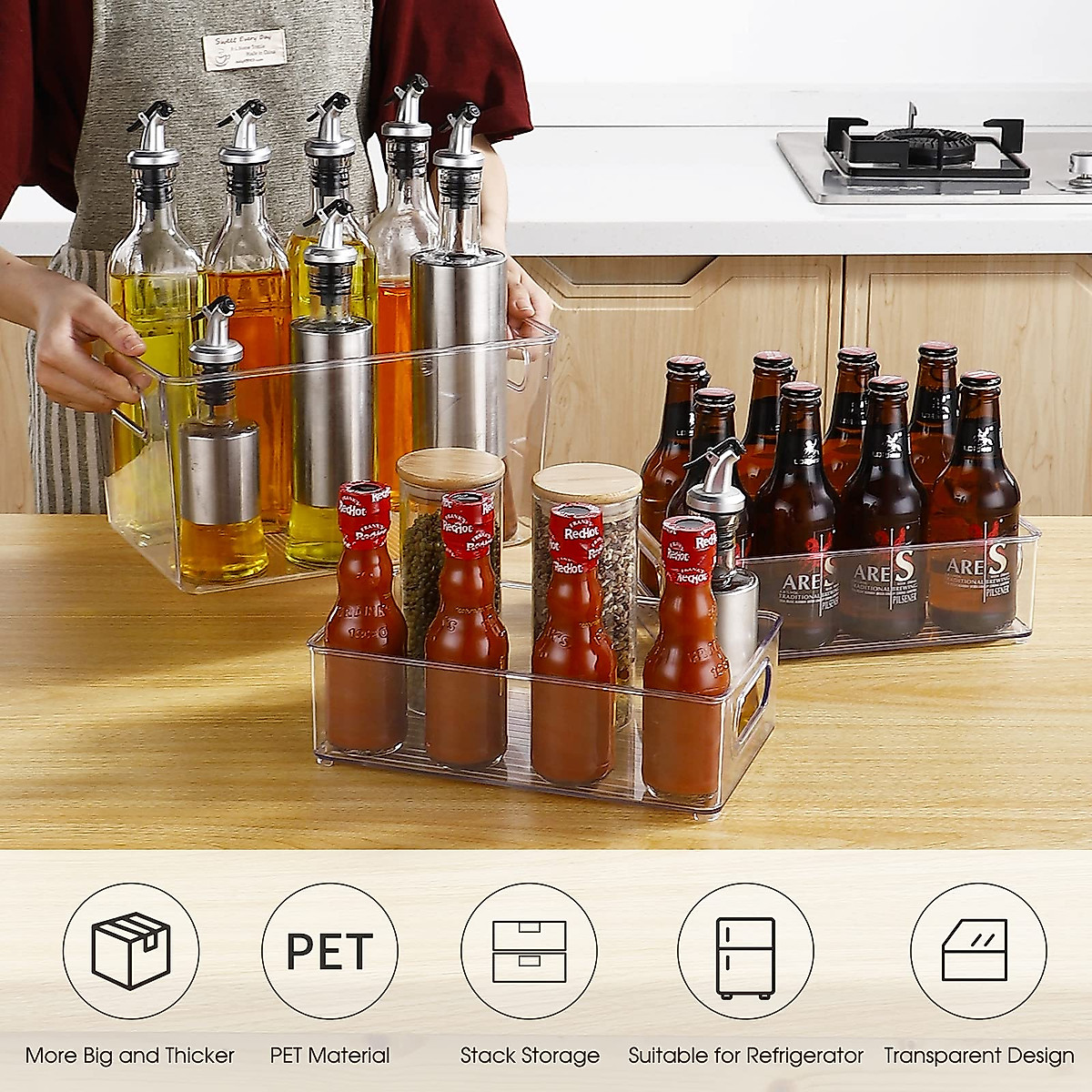 Refrigerator Organizer Bins, Clear Pantry Organization and Storage with Cutout Handles, Set Of 6 Stackable Plastic Freezer Organizer Bins for Fridge, Cabinet, Kitchen Countertops - BPA Free