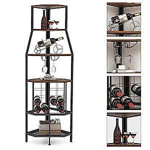 Espelism 5-Tier Corner Wine Rack Freestanding Floor with Glass Holder and Bottles Wine Storage Home Bar Furniture for Home Kitchen Dining Room Industrial Metal and Wooden Corner Shelf