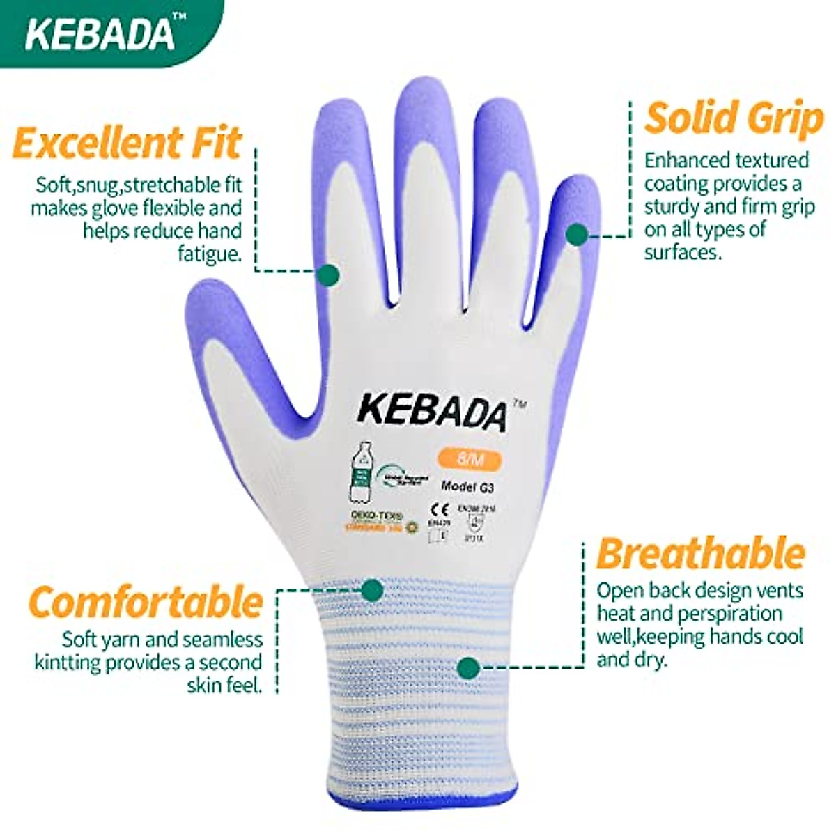 Kebada Gardening Gloves for Women, 2 Pairs Latex Coated Yard Gloves, Micro-Foam Textured Coating on Palm & Fingers, Breathable Womens Work Gloves, High Visibility, Medium, Lilac & Yellow