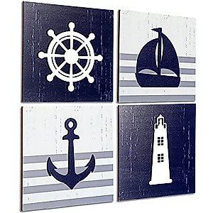 4 Pieces Nautical Wall Decor Anchor Ship Wheel Sailboat Lighthouse Wooden Sign Rustic Beach 3D Wood Print Sign Beach Bathroom Wooden Plaque Decor Ocean Coastal Theme Ocean Decor (Dark Blue, White)