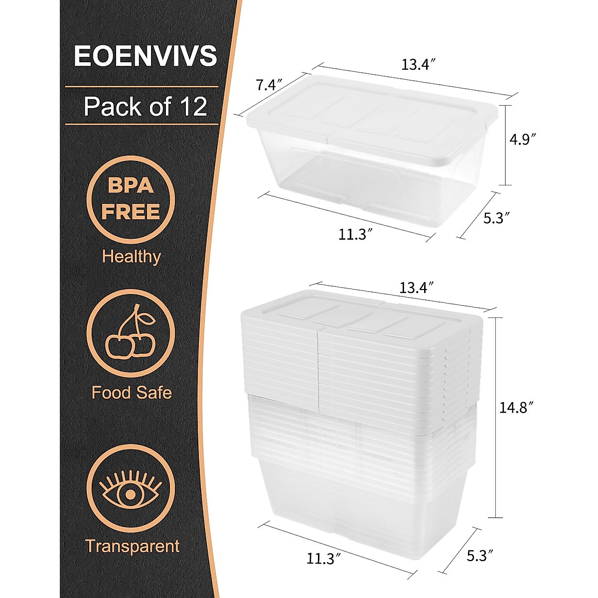 EOENVIVS Plastic Storage Bins 12 Pack Plastic Storage Container with Snap Lids, Stackable Shoe Organizer Boxes Storage Baskets for Organizing Closet Organizers and Storage, Clear+White