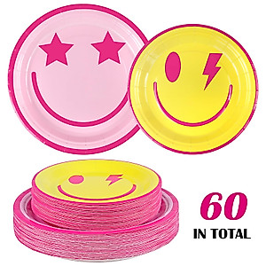 durony 210 Pieces Preppy Smiley Face Party Tableware Set Paper Smile Face Plates Napkins Paper Cups Cutlery for Preppy Birthday Party Supplies Baby Shower Decor, Serve 30 Guest