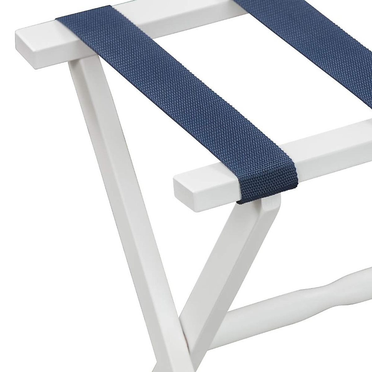 Gate House Furniture White Wood Folding Luggage Rack with Straight Legs and 4 Navy Straps