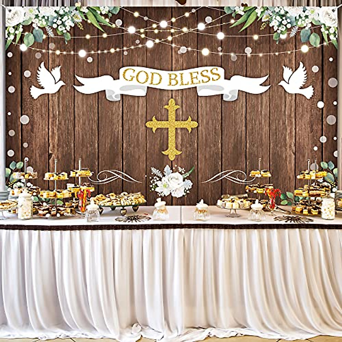 God Bless Baptism Backdrop First Holy Communion Party Decorations Christening Ceremony Newborn Baby Shower Banner Rustic Wood White Floral Ribbon Photography Background Decor Supplies 71 x 43 Inch