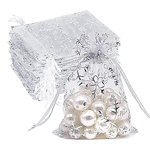 HRX Package 100pcs Snowflake Organza Gift Bags Christmas 3.5 x 4.7 inch, Small White Mesh Jewelry Pouches Little Drawstring Candy Bags
