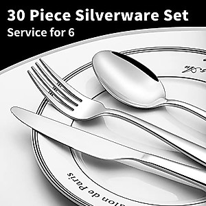 30 Piece Silverware Set, Flatware Set for 6, Amafox Food-Grade Stainless Steel Cutlery set, Home Kitchen Utensil Set, Include Knifes Forks and Spoons Silverware Set, Mirror Finish, Dishwasher Safe