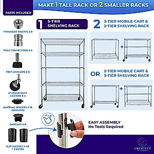 Crescent 4000 LBS 36L 18W 76H Chrome, 5 Tier Racks for Storage, Heavy Duty Wire Shelving Rack with 4" Casters