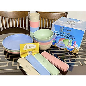 28pcs Wheat Straw Dinnerware Sets of 4. Premium Quality Plates, Bowls, Cups & Cutlery w/Case. Microwave & Dishwasher Safe! Great Indoor & Outdoor Kitchen Set. Plates and Bowls Set for Kids & Elderly