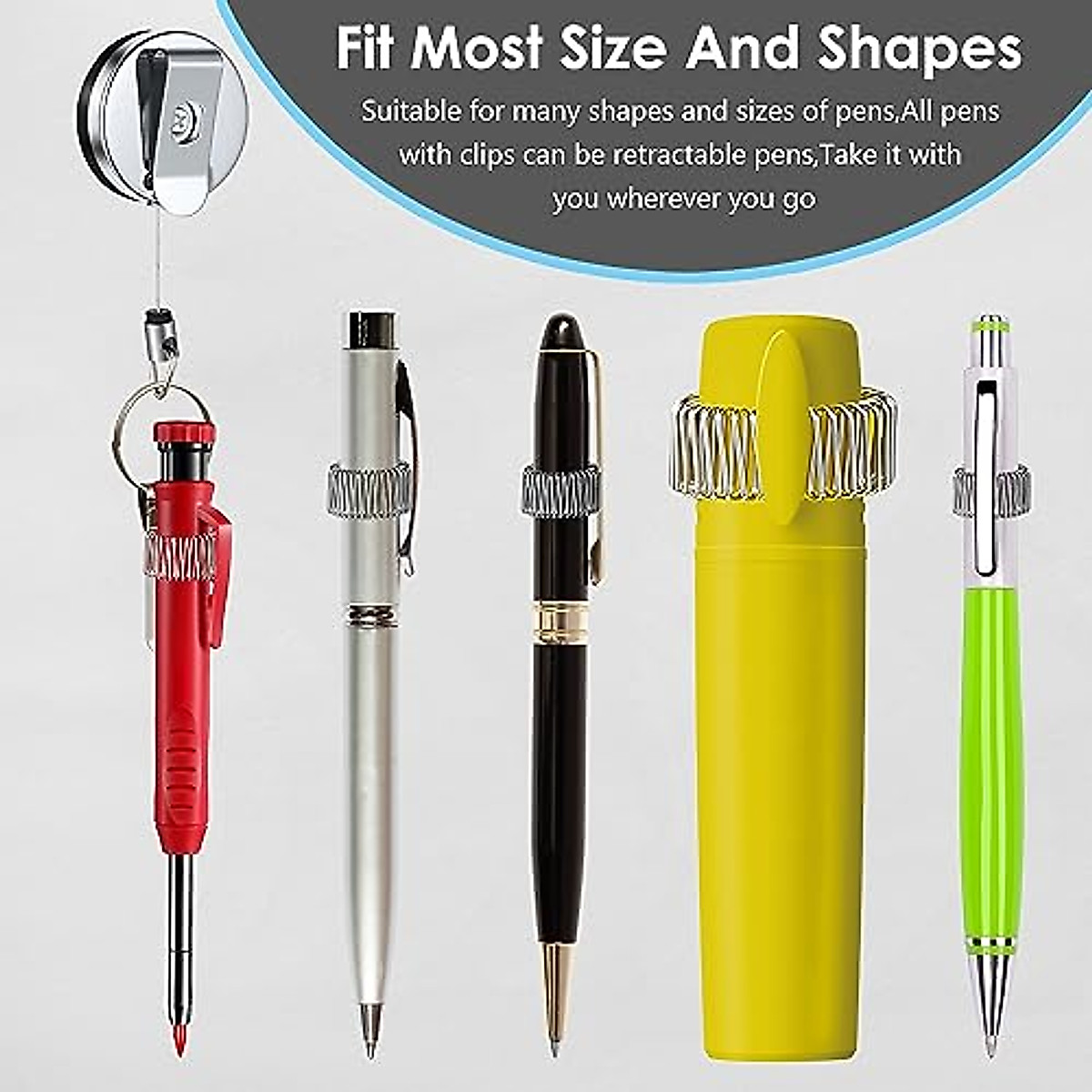 Landhoow 2 Pcs Retractable Pull Pen Pencil Holder, 27.5'' Retractable Pen Holder for Carpenters, Workers, Nurses, Waiter, Universal Pen Lanyard Retractable with Belt Clip and Key Ring (Patent Pending)
