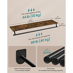SONGMICS Clothes Rack with Top Shelf, Wall Mounted Clothing Rack, with Hanging Rod, Loads up to 132 lb, 11 x 42.9 x 5.2 Inches, Entryway, Bedroom, Closet, Rustic Brown and Ink Black UHSR135B01