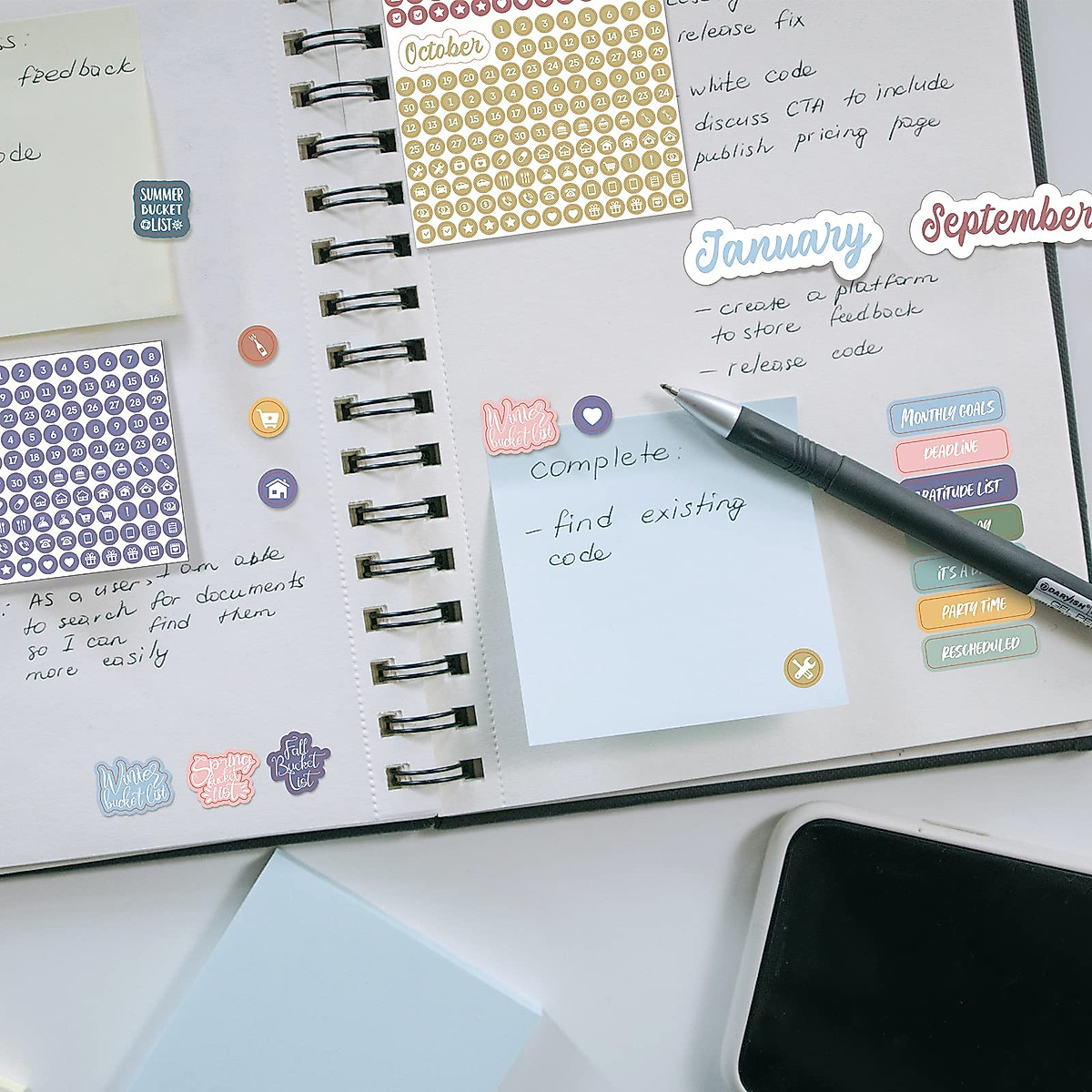 18 Sheets Daily Calendar Stickers Aesthetic Monthly Planner Stickers with Elbow Tweezer Colorful Round Date Stickers for Planners Number Date Dots for Work Daily to Do Budget Family Journal