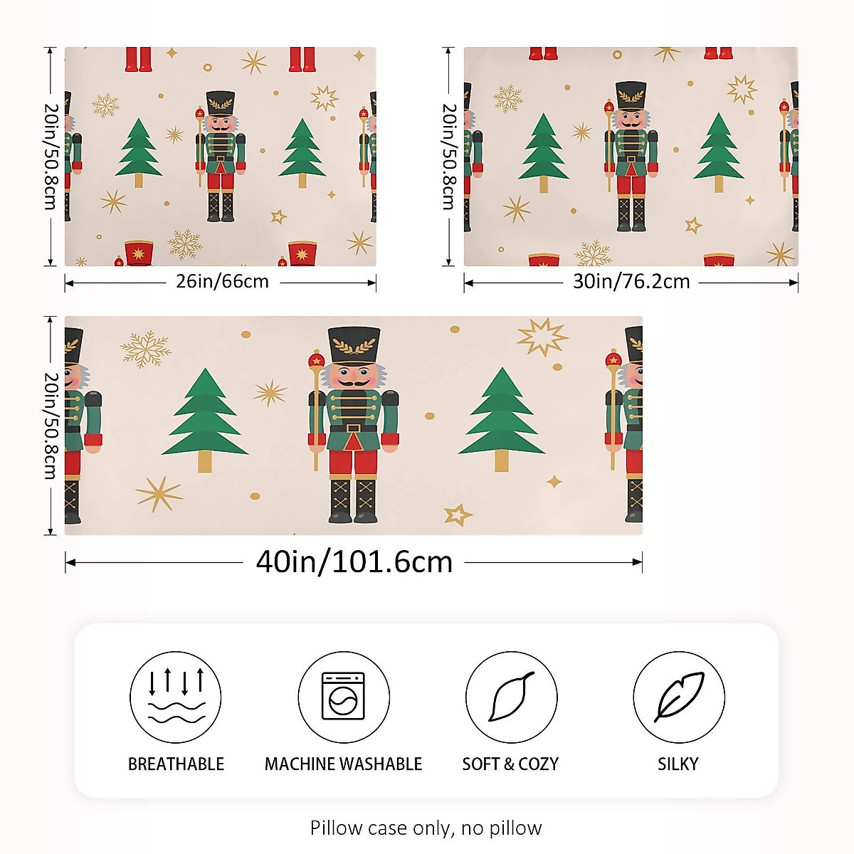 Christmas Tree Nutcracker Pillow Covers Silk Pillowcase for Soft Breathable Smooth Cooling Satin Pillowcase Standard Size Pillow Case for Women Hot Sleepers, Night Sweats Bed (20x26 Inch)