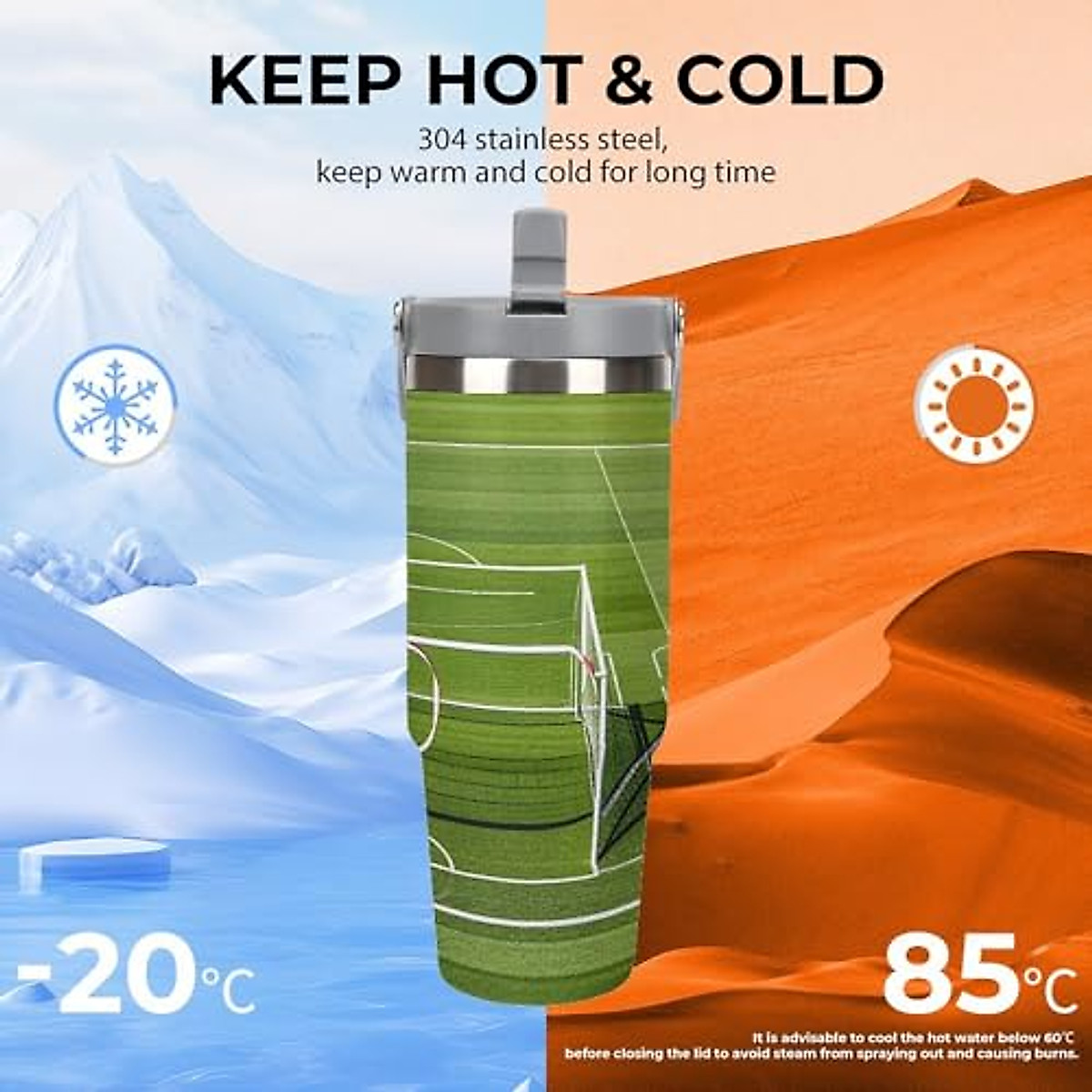 WITHSBKK 30oz Car Cup Football Goal Post Sports Area Printed with Portable, Stainless Steel Travel Mug, Vacuum Insulated Tumbler And Straw, Leakproof for Car & Outdoor, UV Printed Design