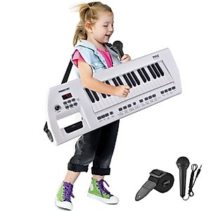 Pyle, Portable Digital Electronic Piano 37 Keys with Microphone & Carry Strap, Built-in Sustain Controller, Rechargeable Battery-Karaoke Keyboard Compact Musical Keytar White-PKBRD37WT.5