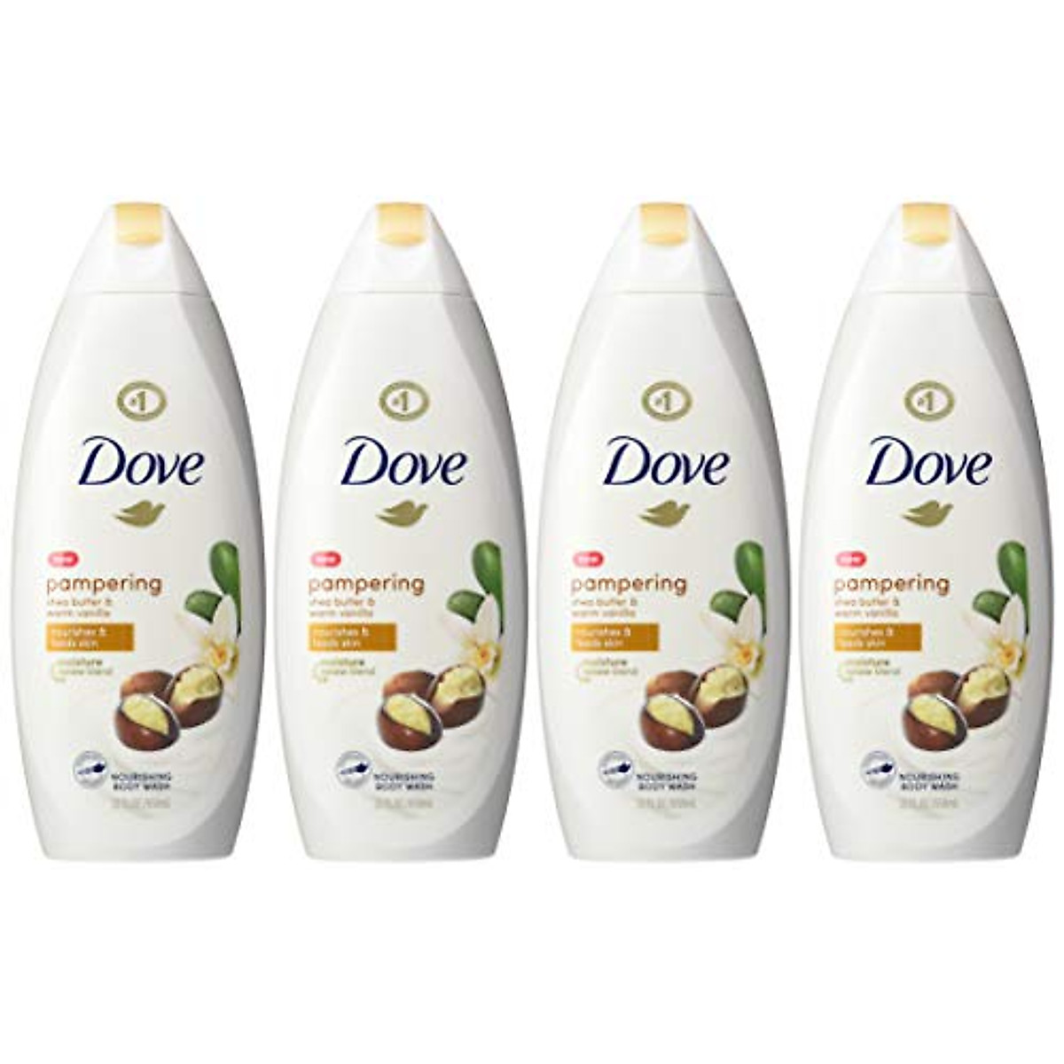 Dove Purely Pampering Body Wash for Dry Skin Shea Butter with Warm Vanilla Effectively Washes Away Bacteria While Nourishing Your Skin, 22 Fl Oz (Pack of 4)