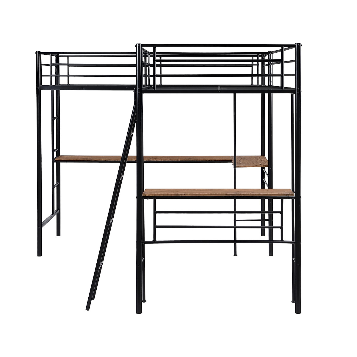 Quarte Simple Metal L-Shaped Loft Bed with Two Built-in Desks,Guardrails and Ladders,for Family Kids Teens,No Box Spring Needed
