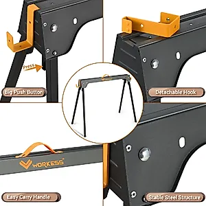 WORKESS Saw Horses 2 Pack, Heavy Duty Folding Portable Saw Horses Table 2200 Lbs Load Capacity with 2x4 Support Legs, Fast Open Legs and Easy Grip Handle for Woodworking.