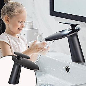 Wovier Oil Rubbed Bronze Waterfall Bathroom Sink Faucet,Single Handle Single Hole Brass Lavatory Vanity Faucet,Slanted Body Basin Mixer Tap with Supply Hose and Pop Up Drain Assembly