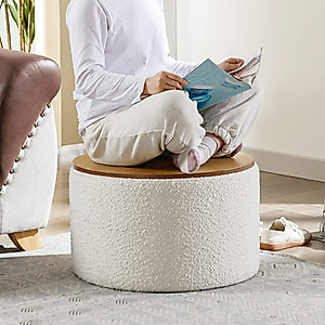 ONEVOG Large Ottoman Round Storage Ottoman with Wooden Lid, Living Room Round End Table No Assembly Required, Durable Boucle Fabric, Multipurpose End Table Support 300lbs