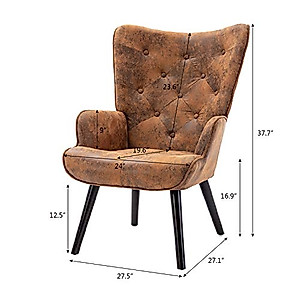 Dolonm Rustic Accent Chair Vintage Wingback Chair Microfiber Cushioned Mid Century Tall Back Desk Chair with Arms Solid Wood Legs for Reading Living Room Bedroom Waiting Room (Brown)