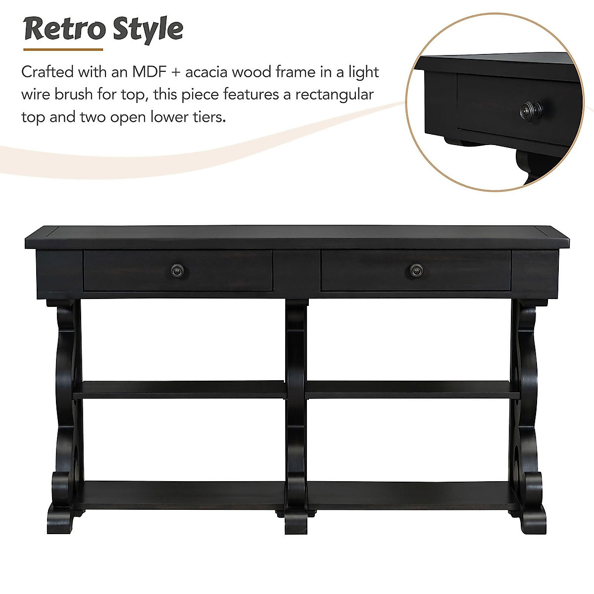 Retro Solid Wood Console Table with Ample Storage, Classic Sofa Table Sideboard Accent Entryway Table with 2 Drawers and Open Adjustable Shelves for Entrance Dinning Room Living Room (Antique Black)