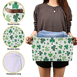 Green Clover Shamrock Lucky Storage Basket Fabric Laundry Baskets Happy St. Patrick's Day Accessories Storage Boxes Organizer Bag for Cloth Toy Book Storage Cubes Shelf Closet Bins 16×12×8 Inches