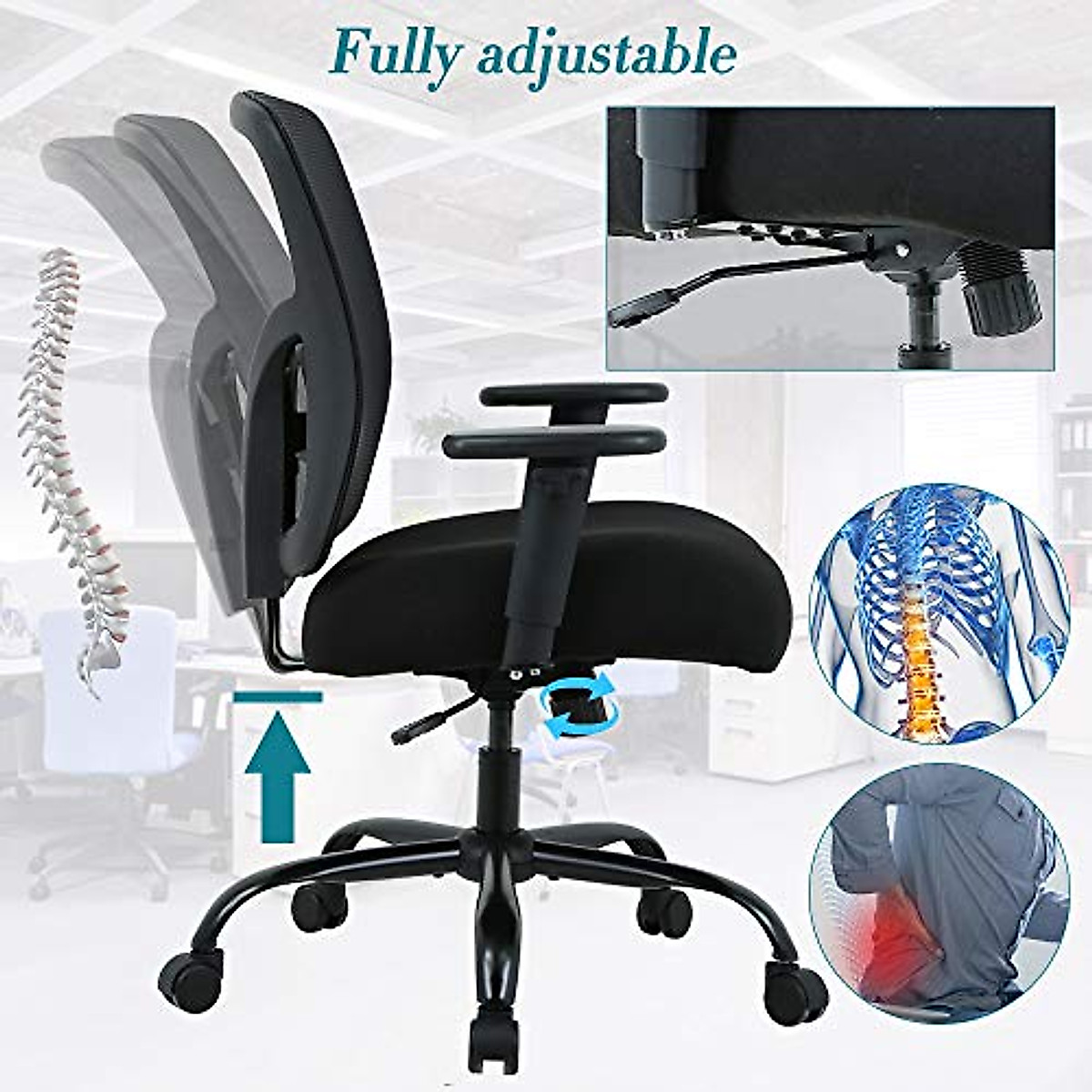 Big & Tall Office Chair Heavy Duty 400LBS Computer Desk Chair Ergonomic High Back Task Rolling Swivel Mesh Chair with Lumbar Support & Adjustable Armrest Modern Executive Chair for Women Men, Black