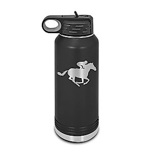 Jockey Laser Engraved Water Bottle Customizable Polar Camel Stainless Steel with Straw - steeplechase racing horse Black 32 oz