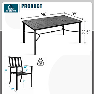 MFSTUDIO 7-Piece Metal Patio Dining Sets with 6 Steel Striped Armrest Chairs and 64" Rectangular Outdoor Dining Table,1.7" Umbrella Hole (Black)