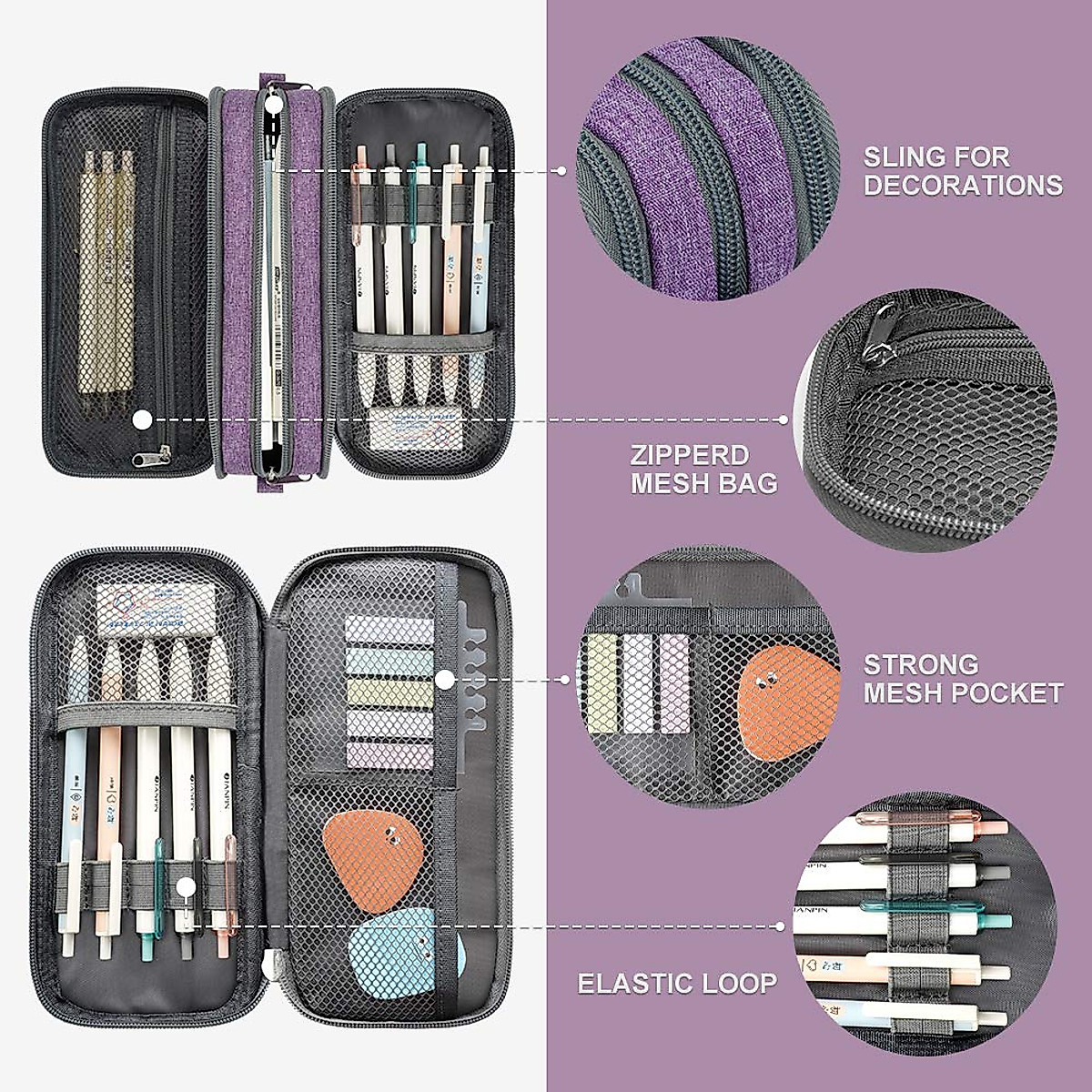 Vnieetsr Large Pencil Case Big Capacity Pencil Bag Large Storage Pouch 3 Compartments Desk Organizer Marker Pen Case Simple Stationery Bag Pencil Holder (Purple)