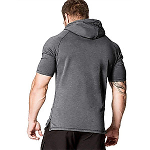 COOFANDY Men's Workout Hoodie Short Sleeve Hoodie Sweatshirts Gym Muscle Tee Cotton Hooded T Shirt with Pocket Dark Grey