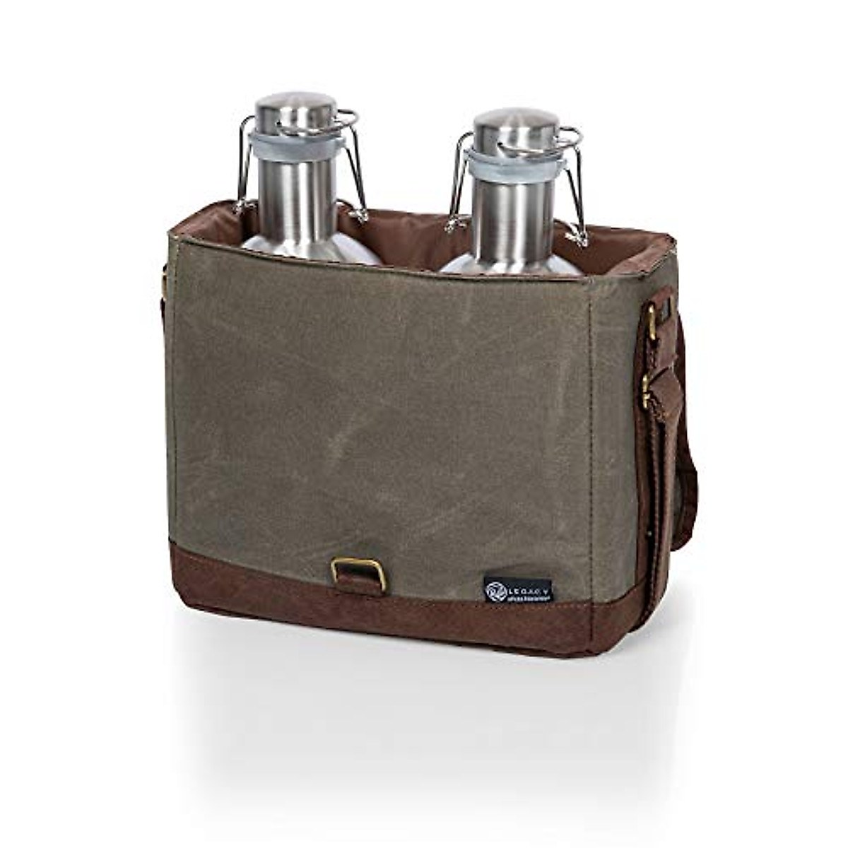 LEGACY - a Picnic Time brand Insulated Double Growler Tote with 64 oz. Stainless Steel Growlers, Beer Gifts for Men, Waxed Canvas Bag Water Bottle Carrier, (Khaki Green with Brown Accents)