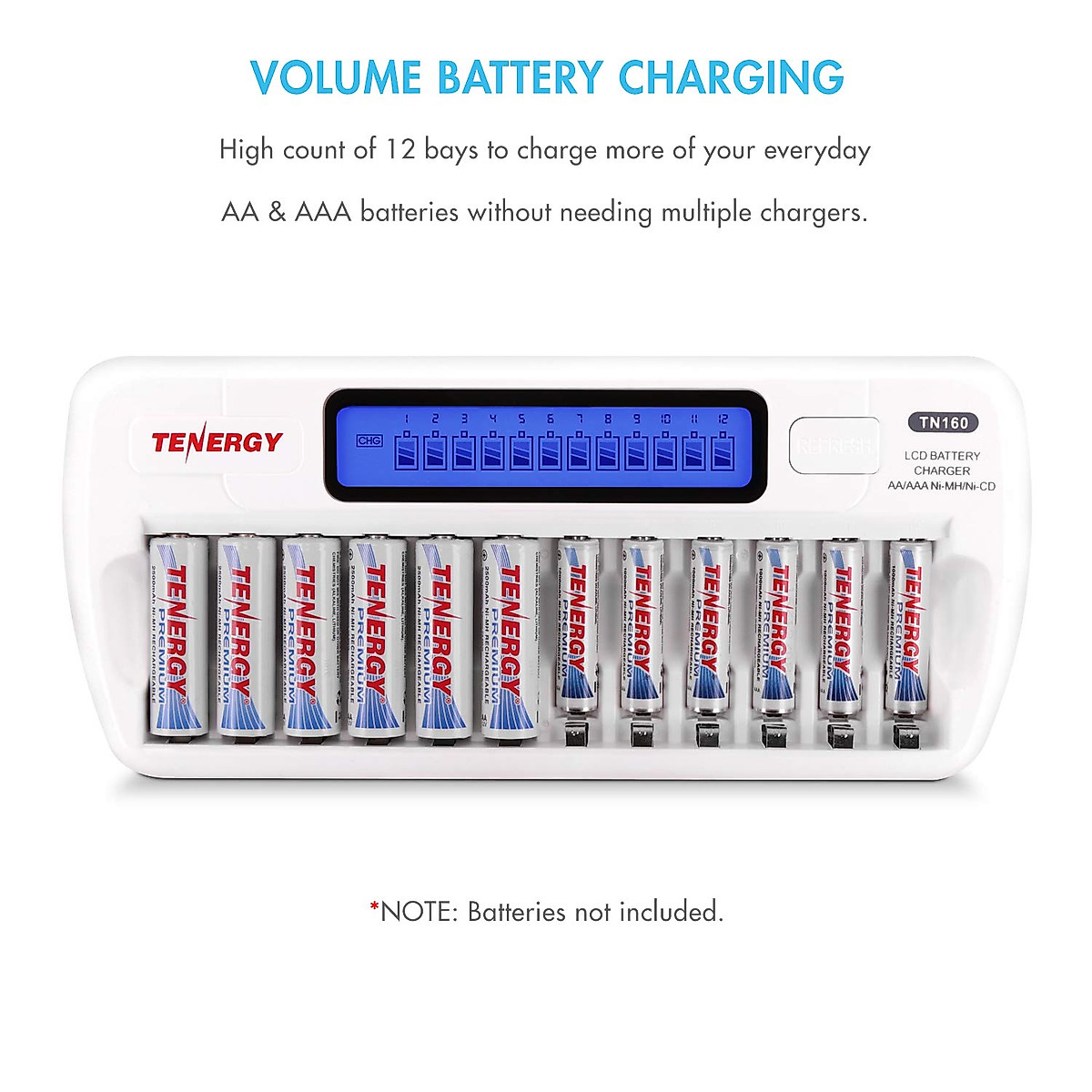 Tenergy TN160 12-Bay LCD NiMH/NiCD AAA/AA Battery Charger + 12x AA NiMH Rechargeable Batteries, Double A Batteries for Everyday Electronics