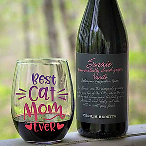 Best Cat Mom Ever Funny Stemless Wine Glass, Cat Lover Gifts for Cat Dad, Cat Mom, Women, Veterinarian, Animal Rescue, Vet Tech, Perfect for Birthday, Valentines