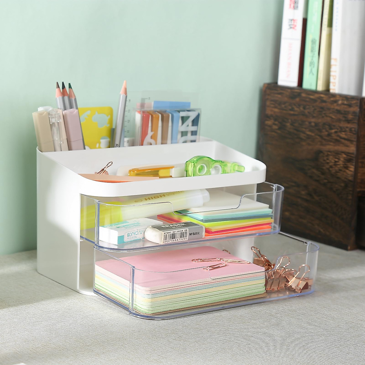 DOCMON Desk Organizer with 2 Drawers, Cute Pen Pencil Holder for Desk, Makeup Brush Holder Organizer for Vanity Home Office School