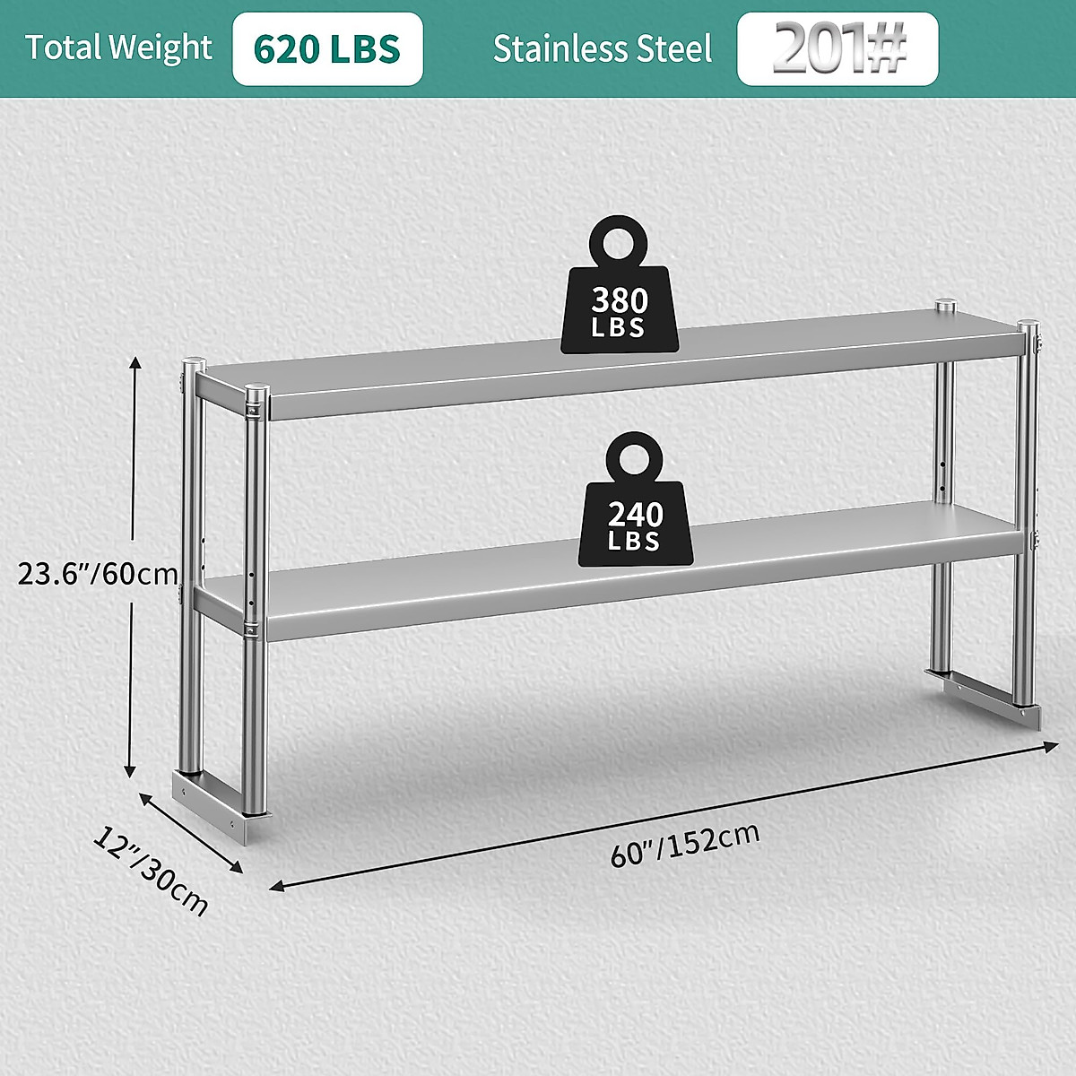 YITAHOME 60" x 12" Stainless Steel Overshelf, 2 Tier Overshelf with Hook, Adjustable Commercial Double Overshelf for Kitchen Prep Table Restaurant and Workshop