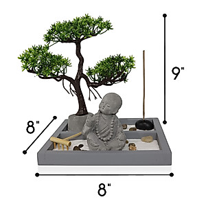 Gray Mini Japanese Zen Sand Garden Set with Incense Holder, Calming Bonsai and Miniature Buddha Statue - Zen Decor for Relaxation and Meditation - Home Decor, Office Accessory, Gift Set