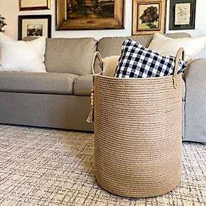 Goodpick Jute Woven Blanket Basket Decorative Storage Basket for Towels, Shoes, Toys, Tall Laundry Basket for Living Room, Bedroom, Round Wicker Basket 16 x 20 Inches, Black and Jute