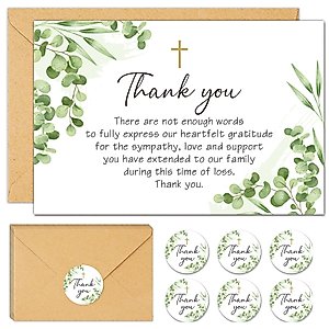 BYBOUS 50Pcs Funeral Sympathy Thank You Cards with Envelopes and Matching Seal Stickers, Green Leaf Cross Bereavement Card with Message for Memorial Service Loved Ones Celebration of Life