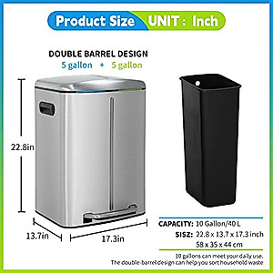 Bigacc Metal Dual Step Trash Can 10 Gallon/40L Stainless-Steel Garbage Can with Soft-Close Lid Anti-Fingerprint Mute Designed Trash Bin Trash Can for Kitchen,Bathroom,Restroom Office, Silver