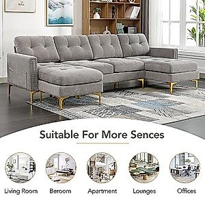 BIADNBZ 111" Modern Convertible Sectional Sofa with Movable Ottoman,U-Shaped Velvet Upholstered Couch with Chaise Lounge for Living Room,Apartment,Office,Light Gray