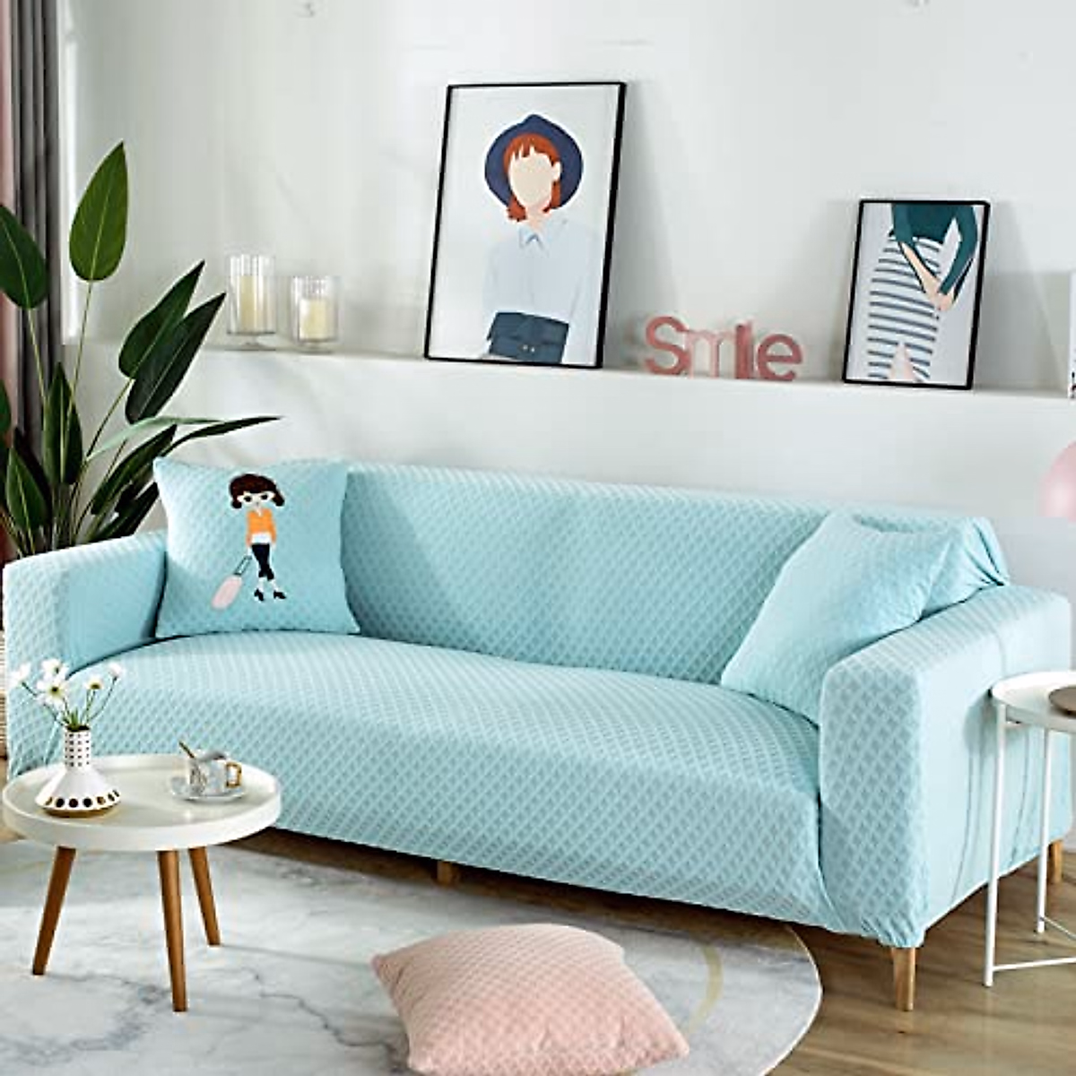 Jacquard High Stretch Sofa Slipcover, Thick Soft Sofa Slipcover Furniture Protector Washable for Living Room Pets Cat Dog-Blue-4 Seater